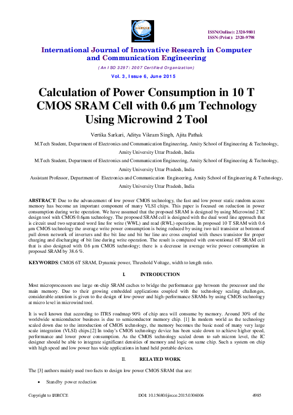 (PDF) Calculation of Power Consumption in 10 T CMOS SRAM Cell with 0.6 ...