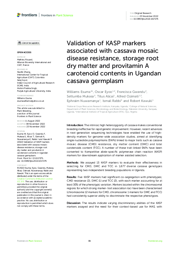(PDF) Validation of KASP markers associated with cassava mosaic disease ...