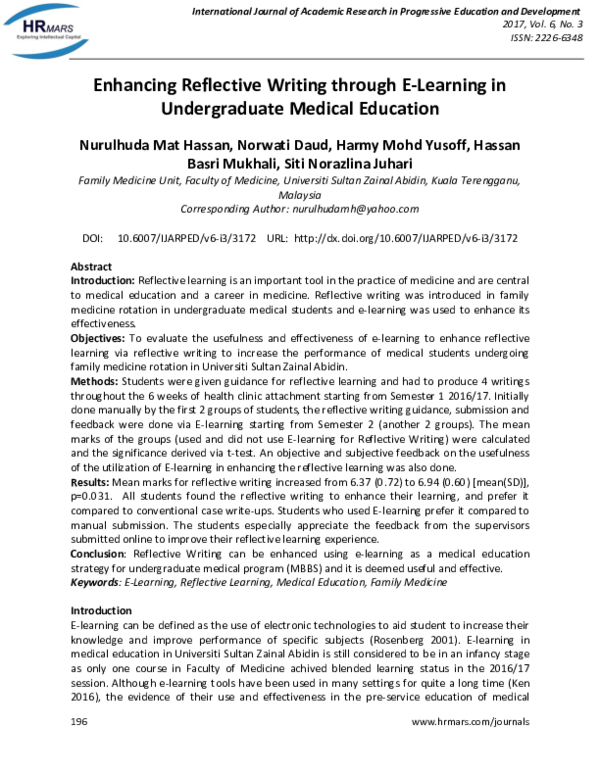 (PDF) Enhancing Reflective Writing through E-Learning in Undergraduate Medical Education