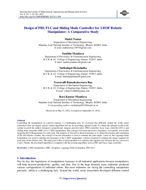 (PDF) Design of PID, FLC and Sliding Mode Controller for 2-DOF Robotic Manipulator: A ...