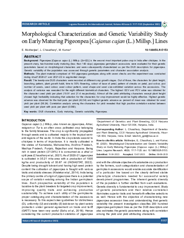 (PDF) Morphological Characterization and Genetic Variability Study on Early Maturing Pigeonpea ...