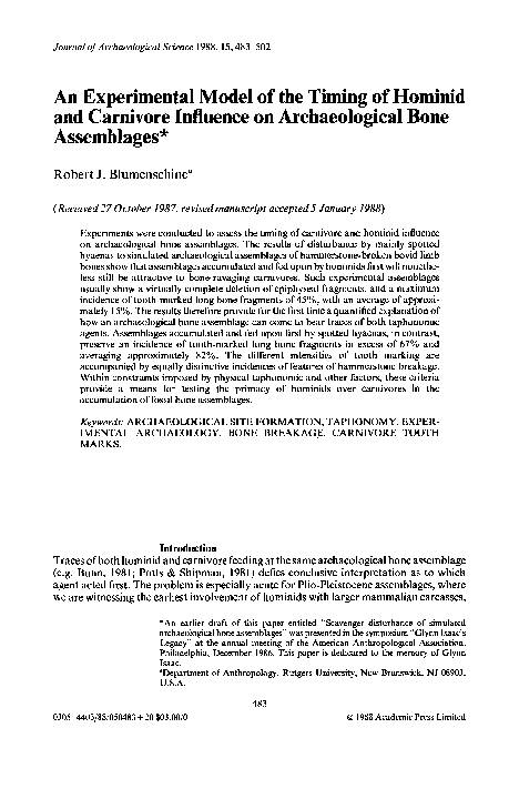(PDF) An experimental model of the timing of hominid and carnivore influence on archaeological ...