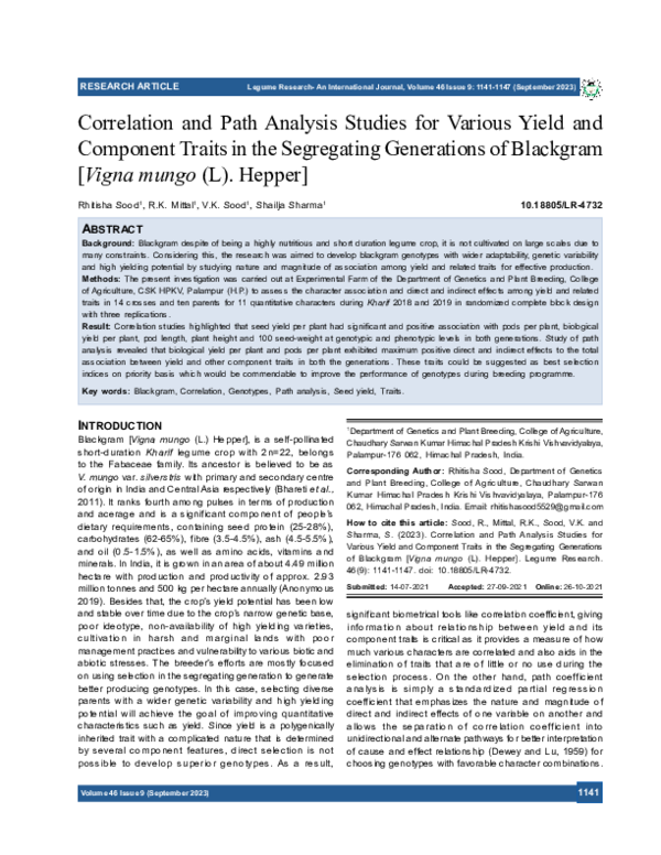 (PDF) Correlation and Path Analysis Studies for Various Yield and Component Traits in the ...