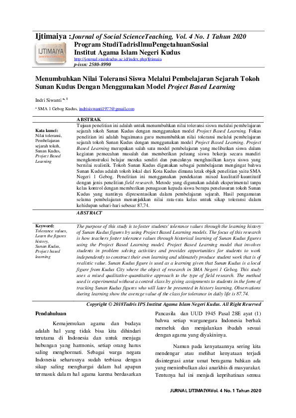 (PDF) Menumbuhkan Nilai Toleransi Siswa Melalui Pembelajaran Sejarah Tokoh Sunan Kudus Dengan ...