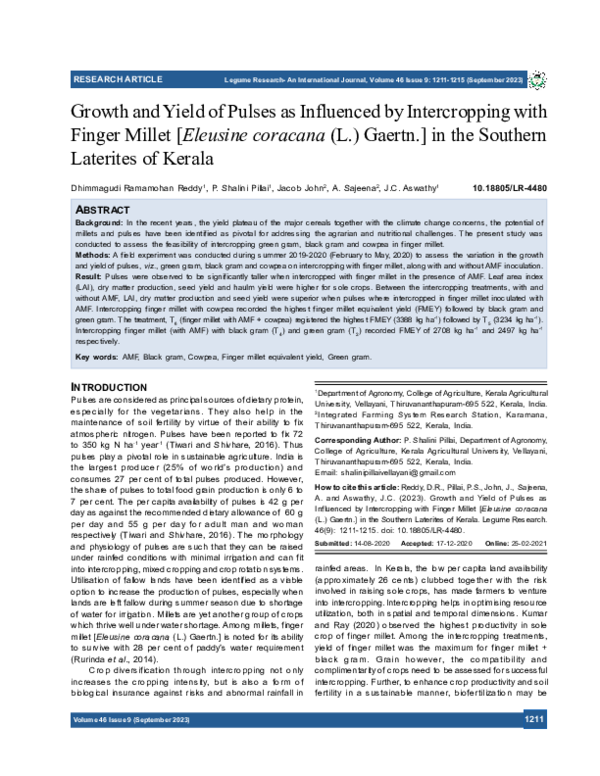 (PDF) Growth and Yield of Pulses as Influenced by Intercropping with Finger Millet [Eleusine ...