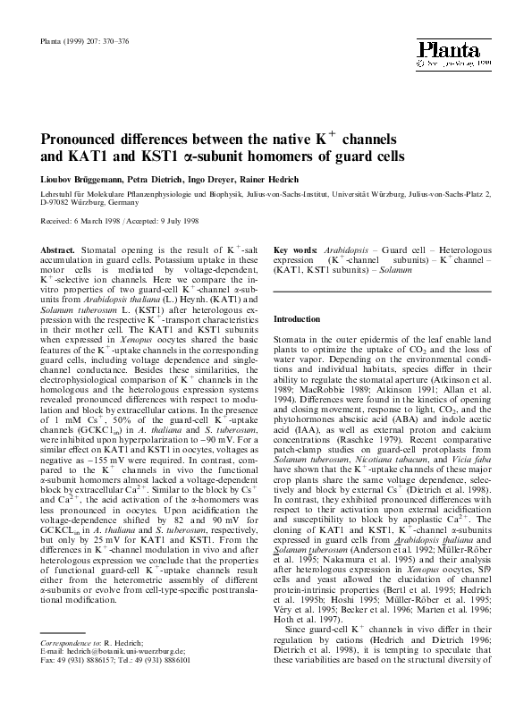 (PDF) Pronounced differences between the native K + channels and KAT1 ...