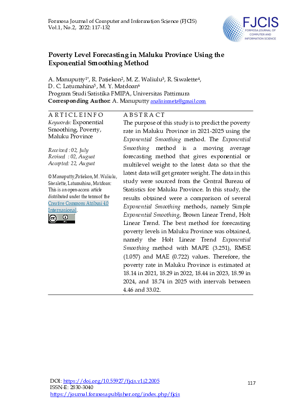 (PDF) Poverty Level Forecasting in Maluku Province Using the Exponential Smoothing Method