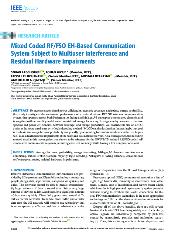 (PDF) Mixed Coded RF/FSO EH-Based Communication System Subject to Multiuser Interference and ...