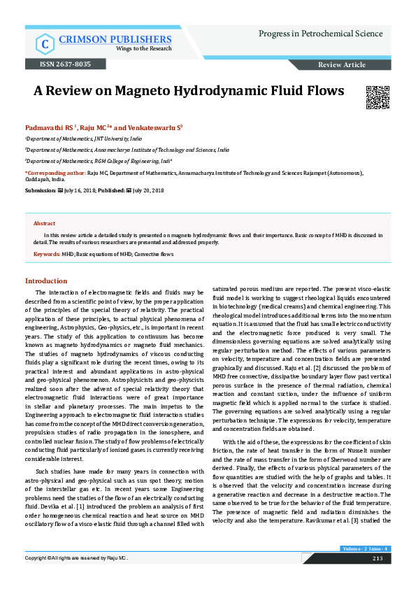 (PDF) A Review on Magneto Hydrodynamic Fluid Flows