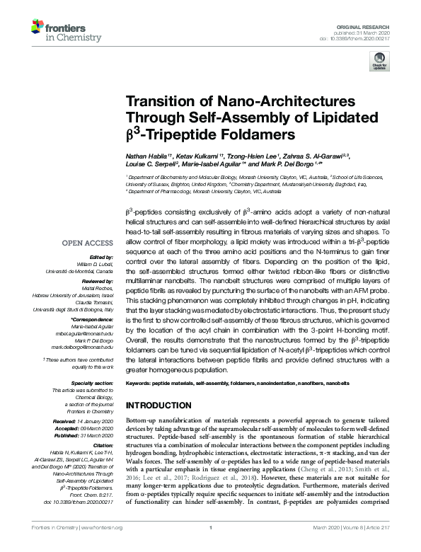 (PDF) Transition of Nano-Architectures Through Self-Assembly of Lipidated β3-Tripeptide Foldamers