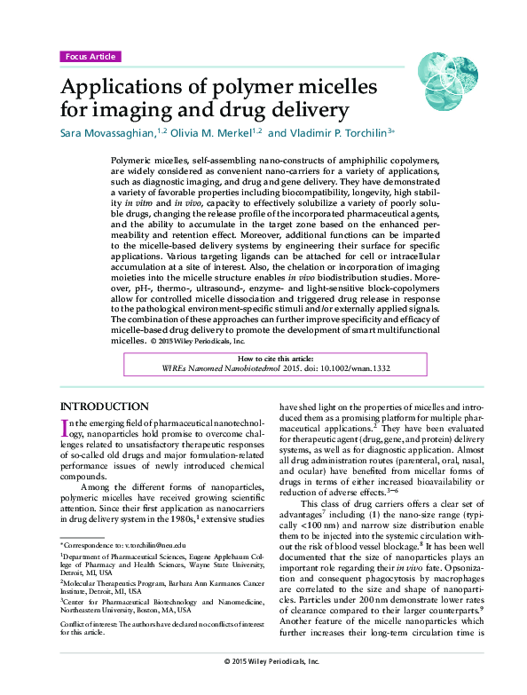 (PDF) Applications of polymer micelles for imaging and drug delivery