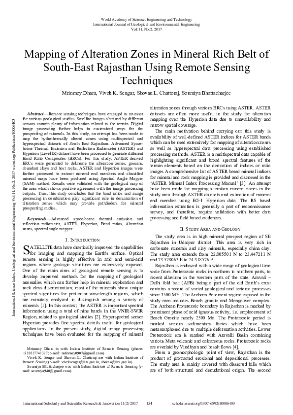 (PDF) Mapping Of Alteration Zones In Mineral Rich Belt Of South-East Rajasthan Using Remote ...