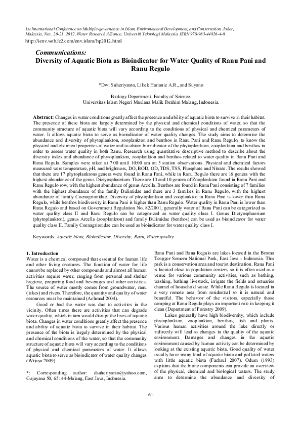 (PDF) Diversity of Aquatic Biota as Bioindicator for Water Quality of ...