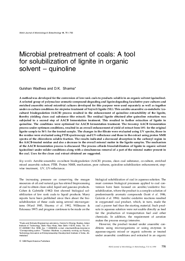 (PDF) Microbial pretreatment of coals: A tool for solubilization of ...