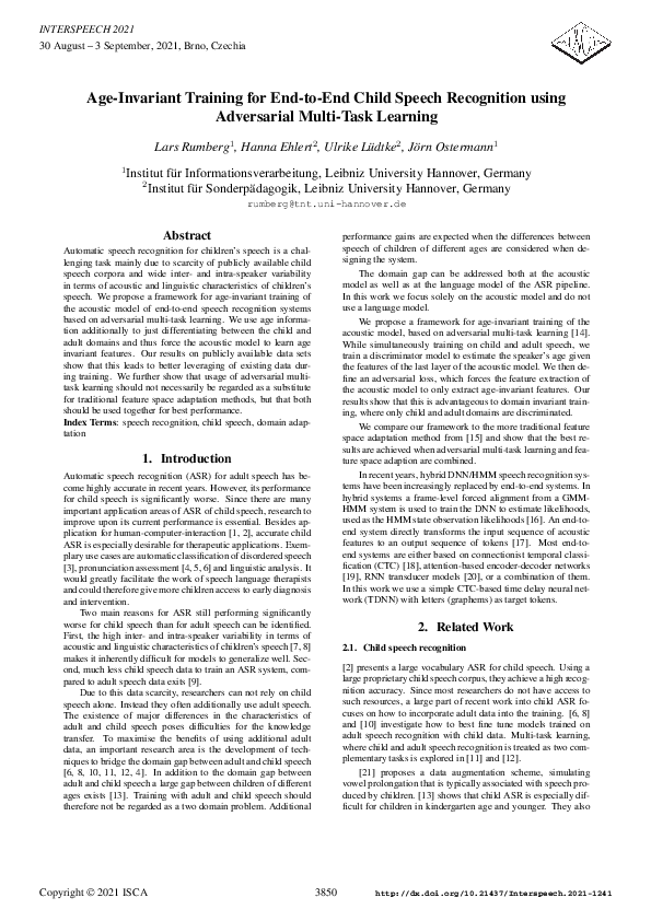 (PDF) Age-Invariant Training for End-to-End Child Speech Recognition Using Adversarial Multi ...