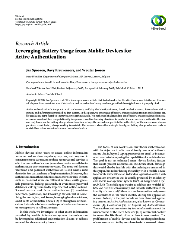 (PDF) Leveraging Battery Usage from Mobile Devices for Active Authentication