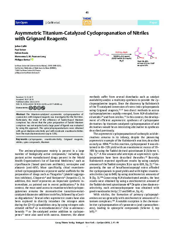 (PDF) Asymmetric Titanium-Catalyzed Cyclopropanation of Nitriles with ...