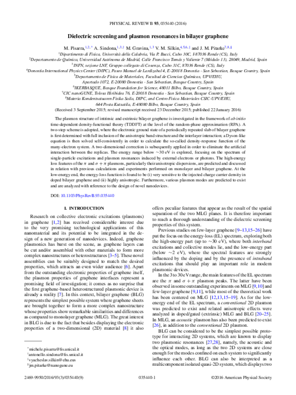 (PDF) Dielectric screening and plasmon resonances in bilayer graphene