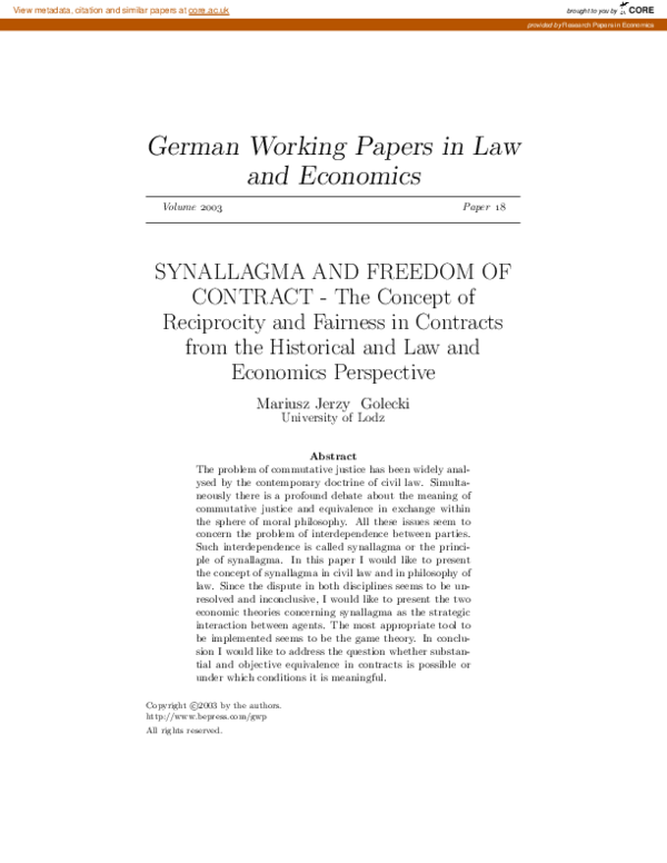 (PDF) SYNALLAGMA AND FREEDOM OF CONTRACT - The Concept of Reciprocity ...