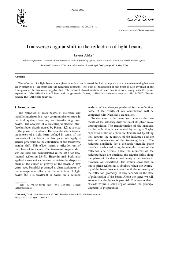 (PDF) Transverse angular shift in the reflection of light beams | Javier Alda - Academia.edu