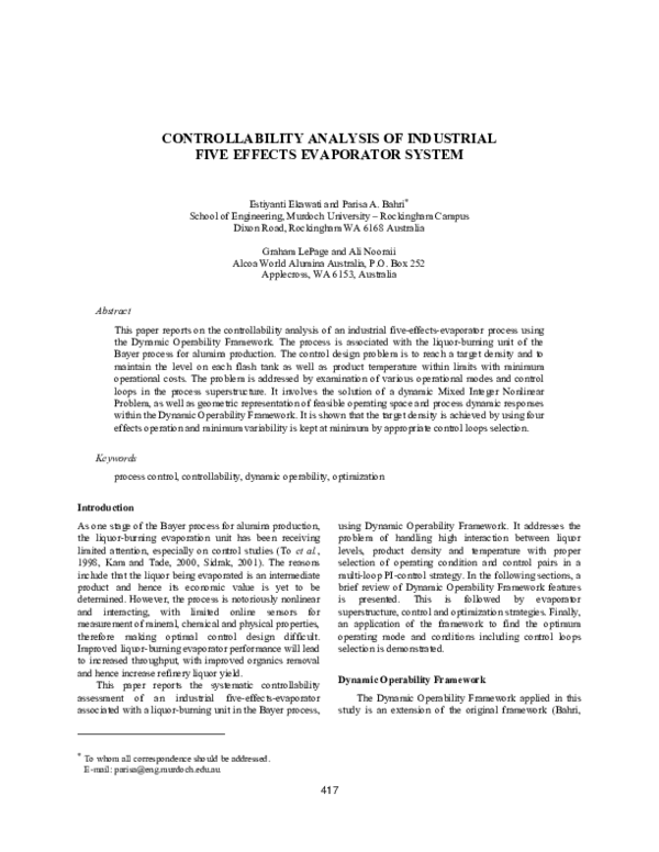 (PDF) Controllability analysis of industrial five effects evaporator system