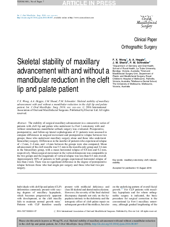 (PDF) Skeletal stability of maxillary advancement with and without a mandibular reduction in the ...