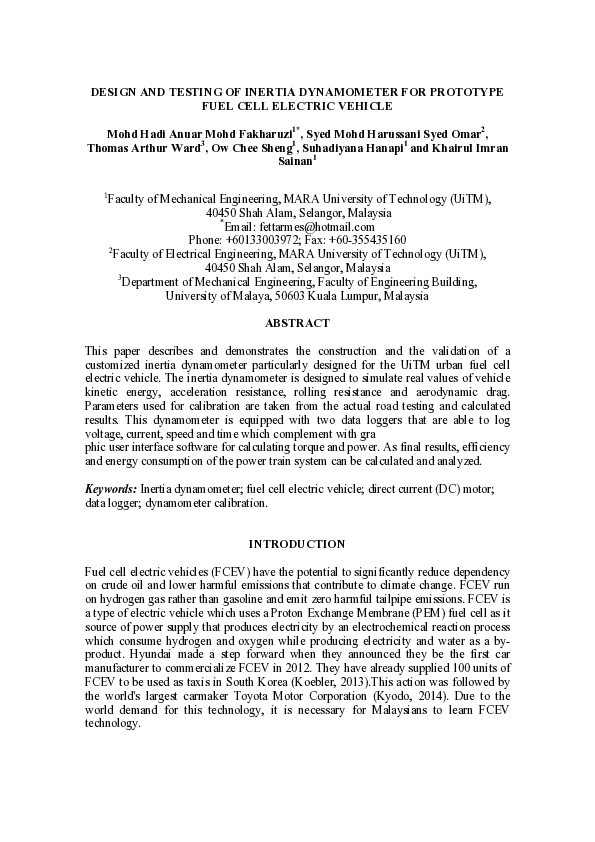 (PDF) Design and Testing of Inertia Dynamometer for Prototype Fuel Cell ...
