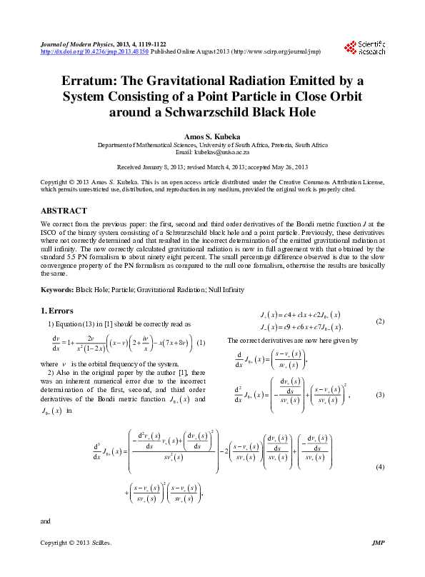 (PDF) Erratum: The Gravitational Radiation Emitted by a System Consisting of a Point Particle in ...