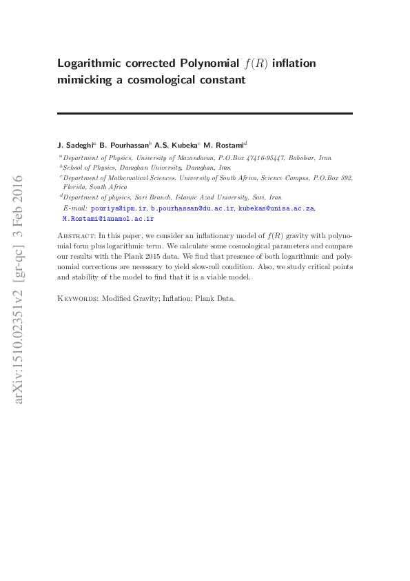 (PDF) Logarithmic corrected polynomial f(R) inflation mimicking a ...