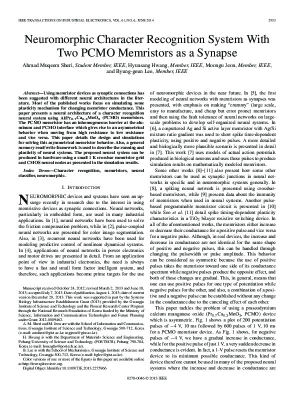 (PDF) Neuromorphic Character Recognition System With Two PCMO Memristors as a Synapse