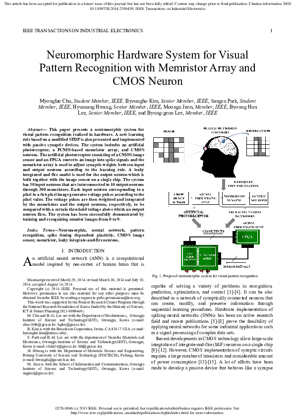 Pdf Neuromorphic Hardware System For Visual Pattern Recognition With Memristor Array And Cmos