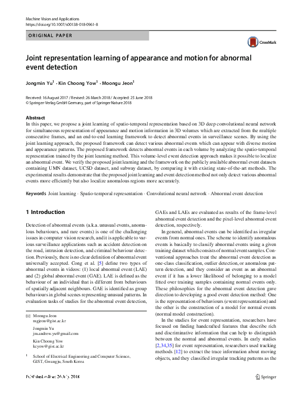 Pdf Joint Representation Learning Of Appearance And Motion For Abnormal Event Detection