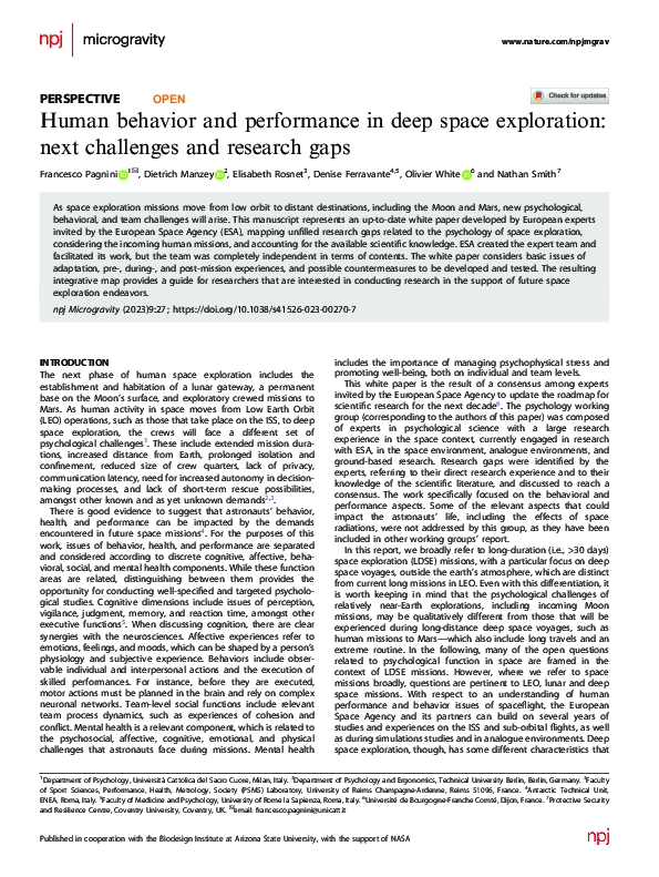 (PDF) Human behavior and performance in deep space exploration: next challenges and research gaps