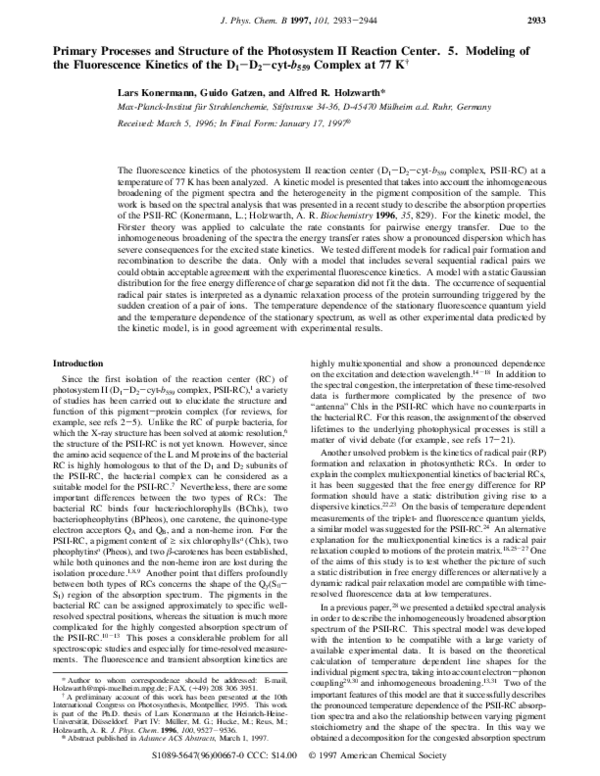 (PDF) Primary Processes and Structure of the Photosystem II Reaction Center. 4. Low-Intensity ...