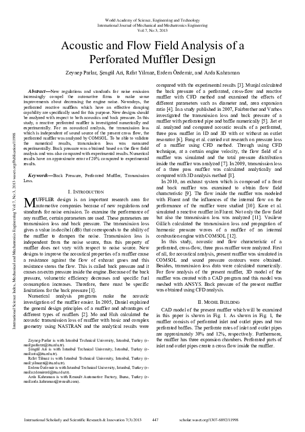 (PDF) Acoustic And Flow Field Analysis Of A Perforated Muffler Design