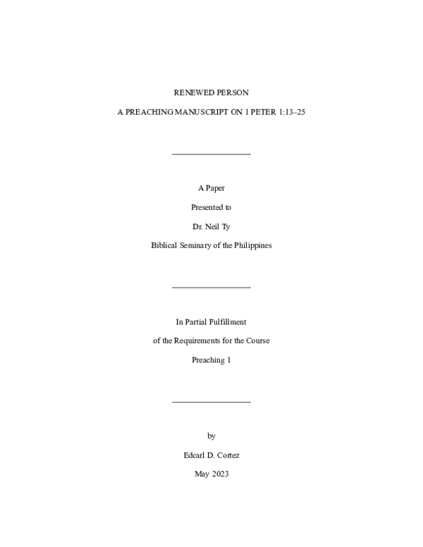 (PDF) Renewed Person: A Preaching Manuscript on 1 Peter 1:13–25