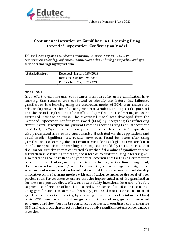 (PDF) Continuance Intention on Gamifikasi in E-Learning Using Extended Expectation-Confirmation ...