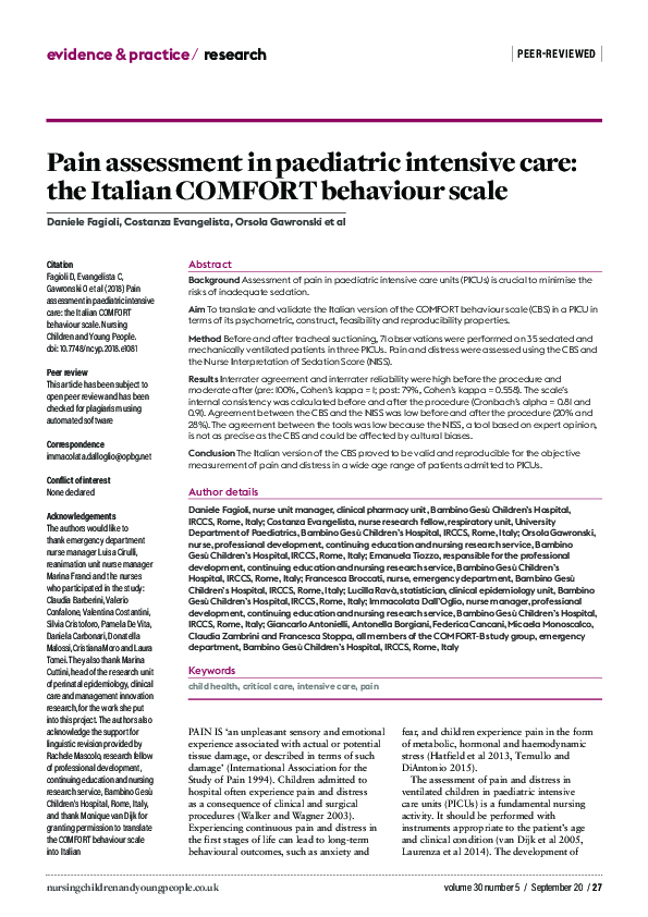 (PDF) Pain assessment in paediatric intensive care: the Italian COMFORT ...