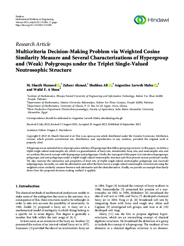 (PDF) Multicriteria Decision-Making Problem via Weighted Cosine Similarity Measure and Several ...