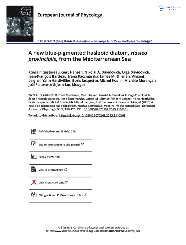 (PDF) A new blue-pigmented hasleoid diatom,Haslea provincialis, from ...