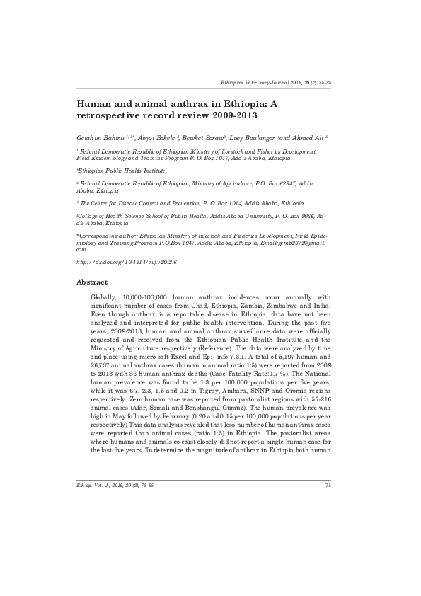 (PDF) Human and animal anthrax in Ethiopia: A retrospective record review 2009-2013