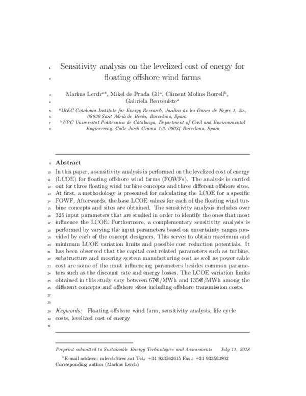 Pdf Sensitivity Analysis On The Levelized Cost Of Energy For Floating Offshore Wind Farms