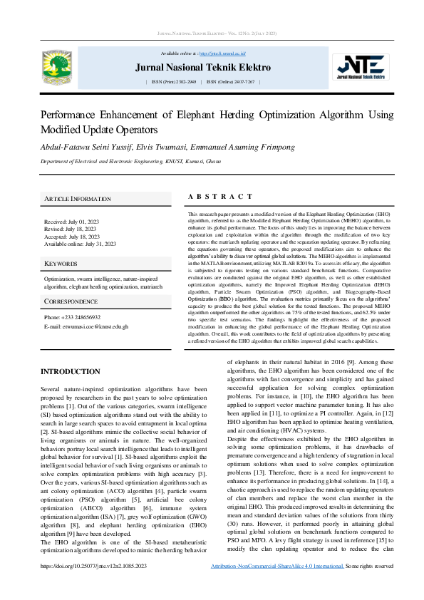 (PDF) Performance Enhancement of Elephant Herding Optimization Algorithm Using Modified Update ...