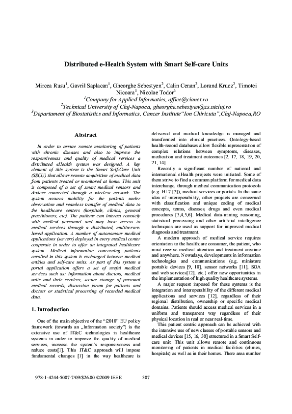(PDF) Distributed e-Health system with Smart Self-care Units | Gheorghe ...