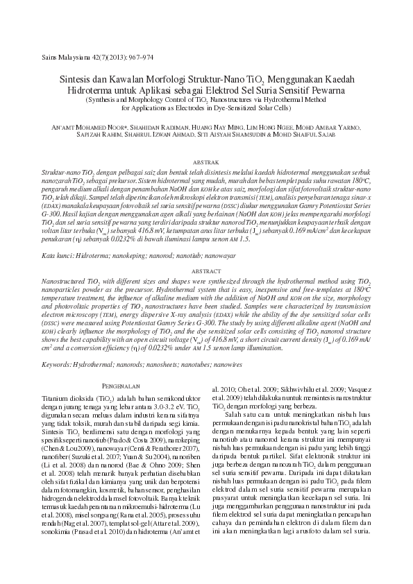 (PDF) Sintesis dan kawalan morfologi struktur-nano TiO2 menggunakan ...