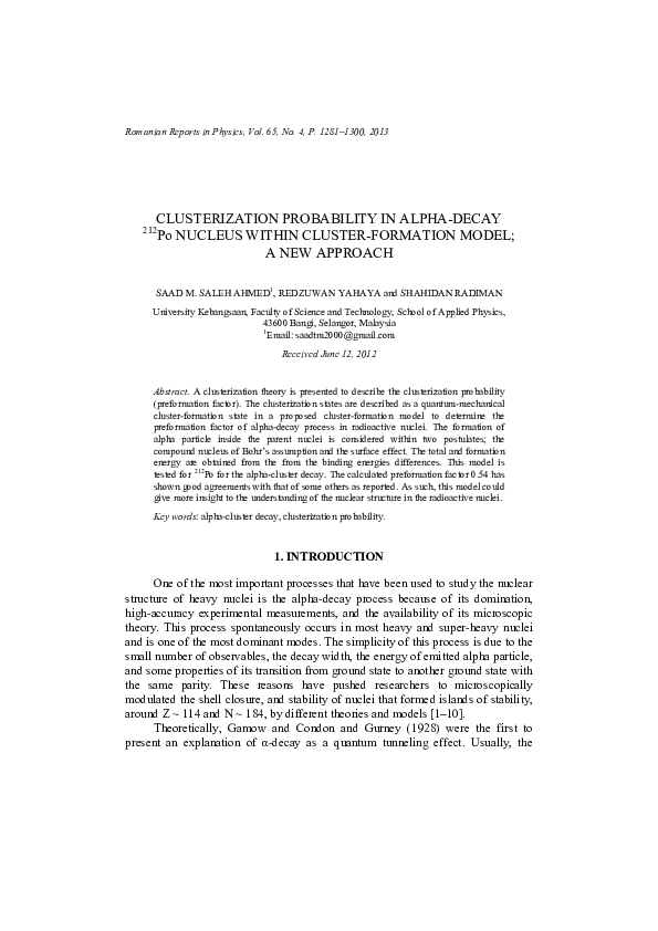 (PDF) Clusterization Probability In Alpha-Decay 212po Nucleus Within Cluster-Formation Model; A ...