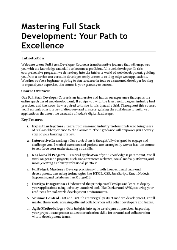 (DOC) Mastering Full Stack Development: Your Path to Excellence