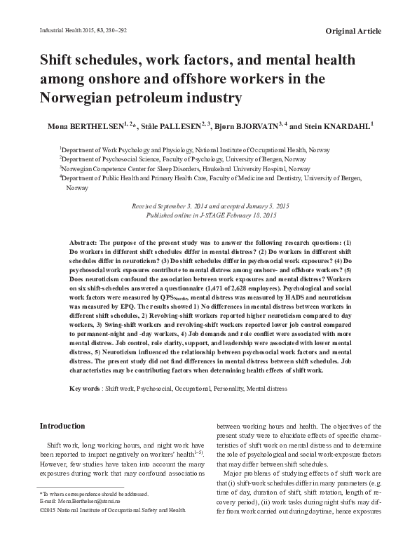 (PDF) Shift schedules, work factors, and mental health among onshore ...