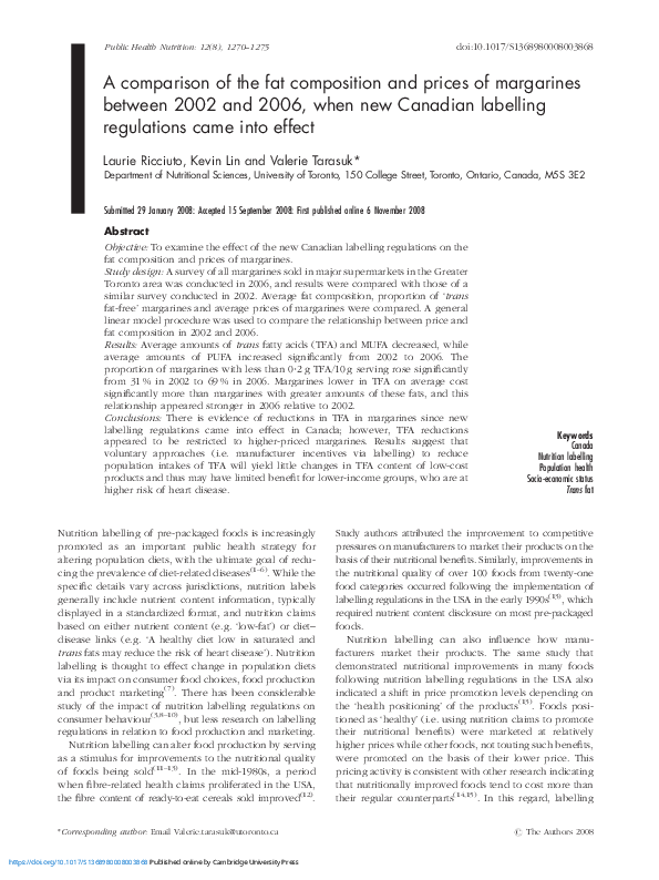 (PDF) A comparison of the fat composition and prices of margarines ...