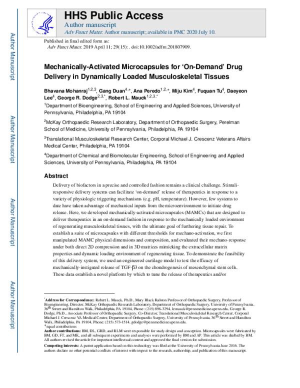 (PDF) Mechanically Activated Microcapsules for “On‐Demand” Drug ...